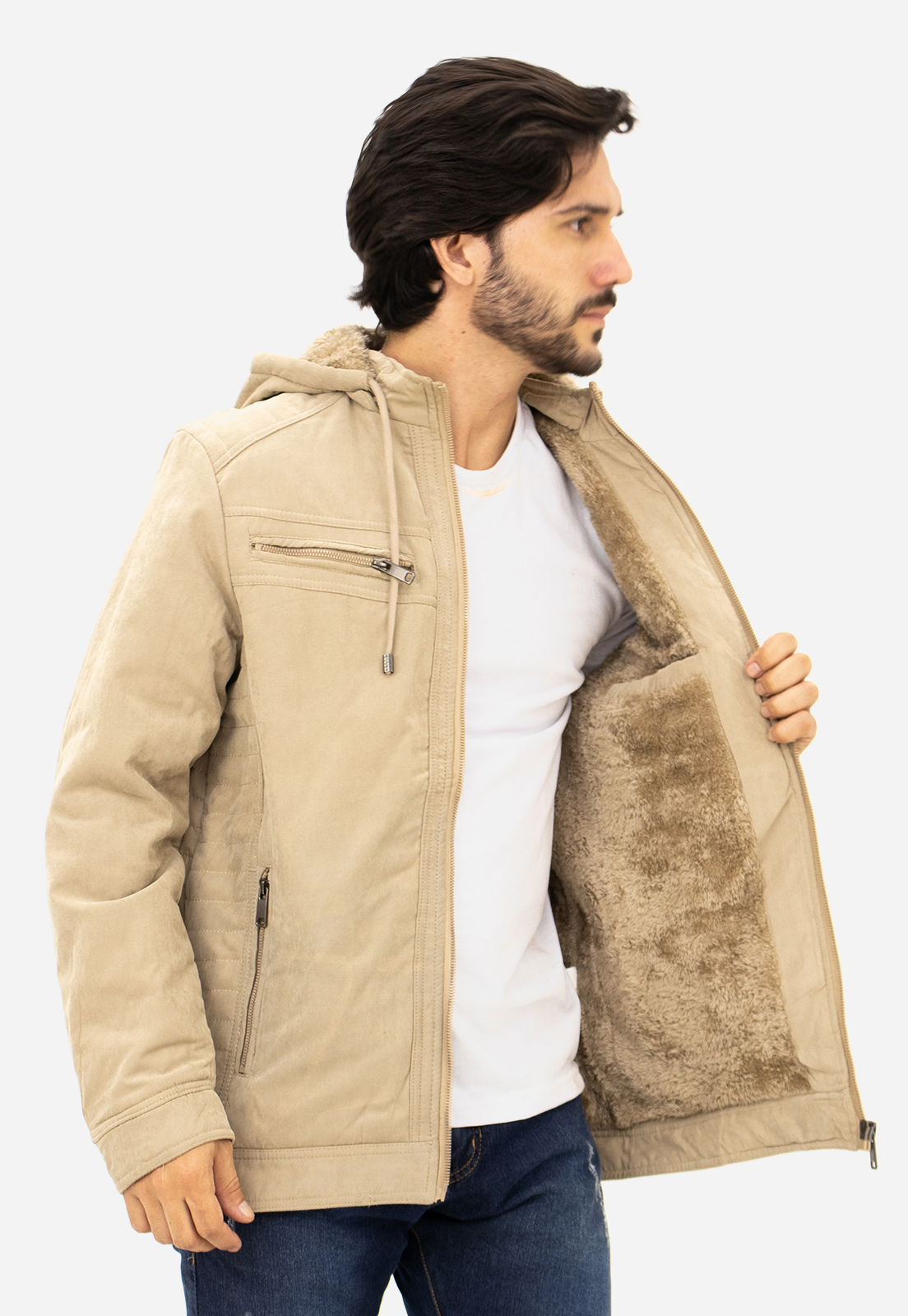 Jaqueta Masculina Sarja Capuz Removível Forro Interno Pelo Jaqueta Masculina Sarja Capuz Removível Forro Interno Pelo